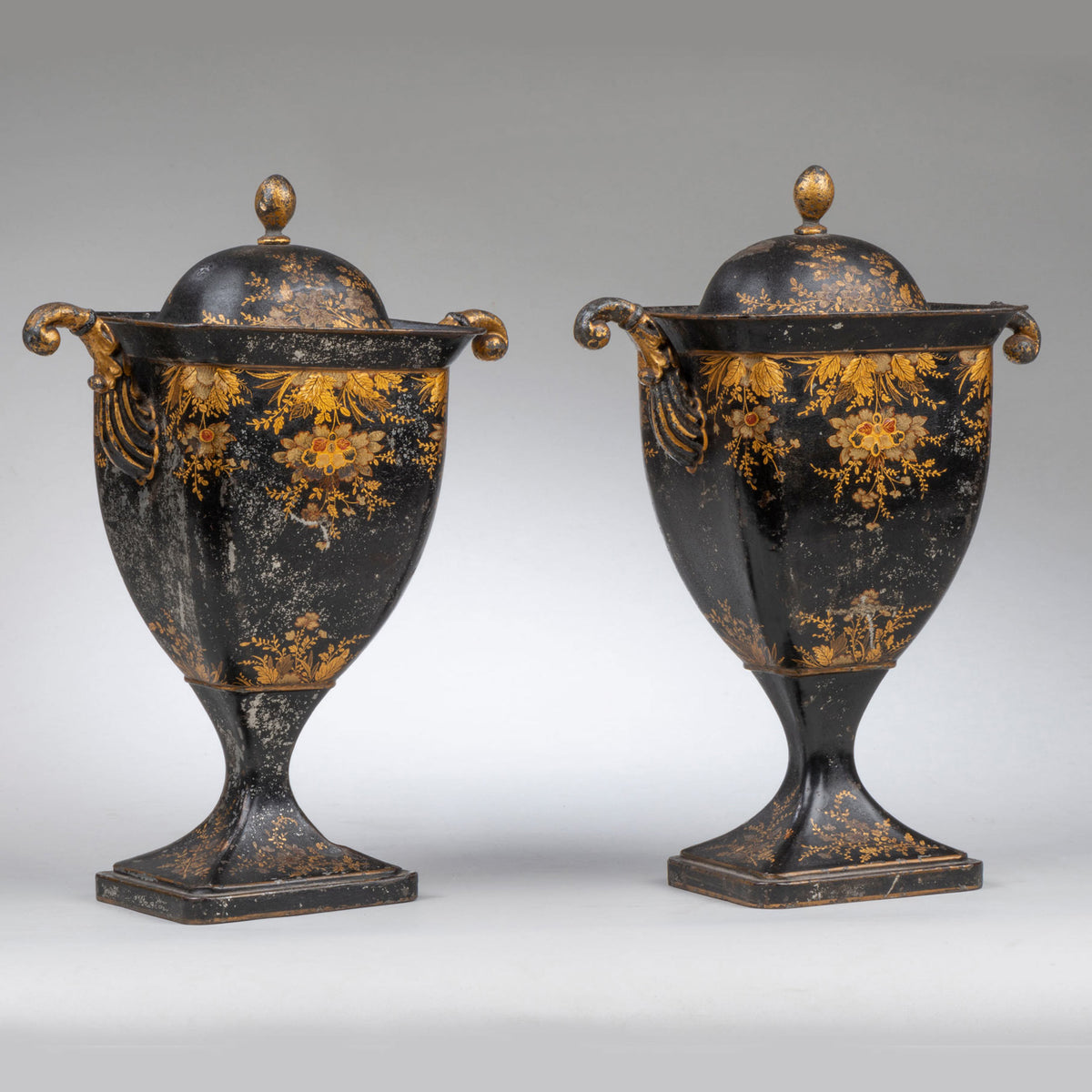 Pair of Regency toleware chestnut urns – Reindeer Antiques