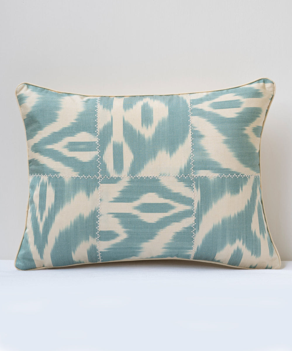 Rectangular acqua cream patchwork ikat cushion – Reindeer Antiques